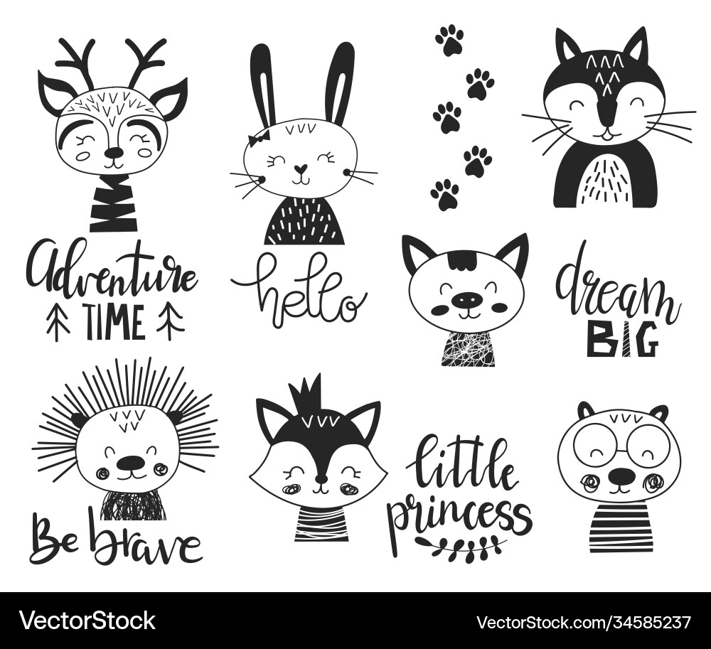 Set cute handdrawn monochrome animals in Vector Image