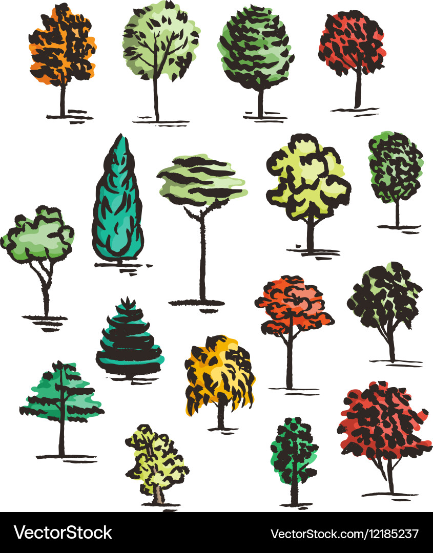 Set hand drawn colorful trees ink style Royalty Free Vector