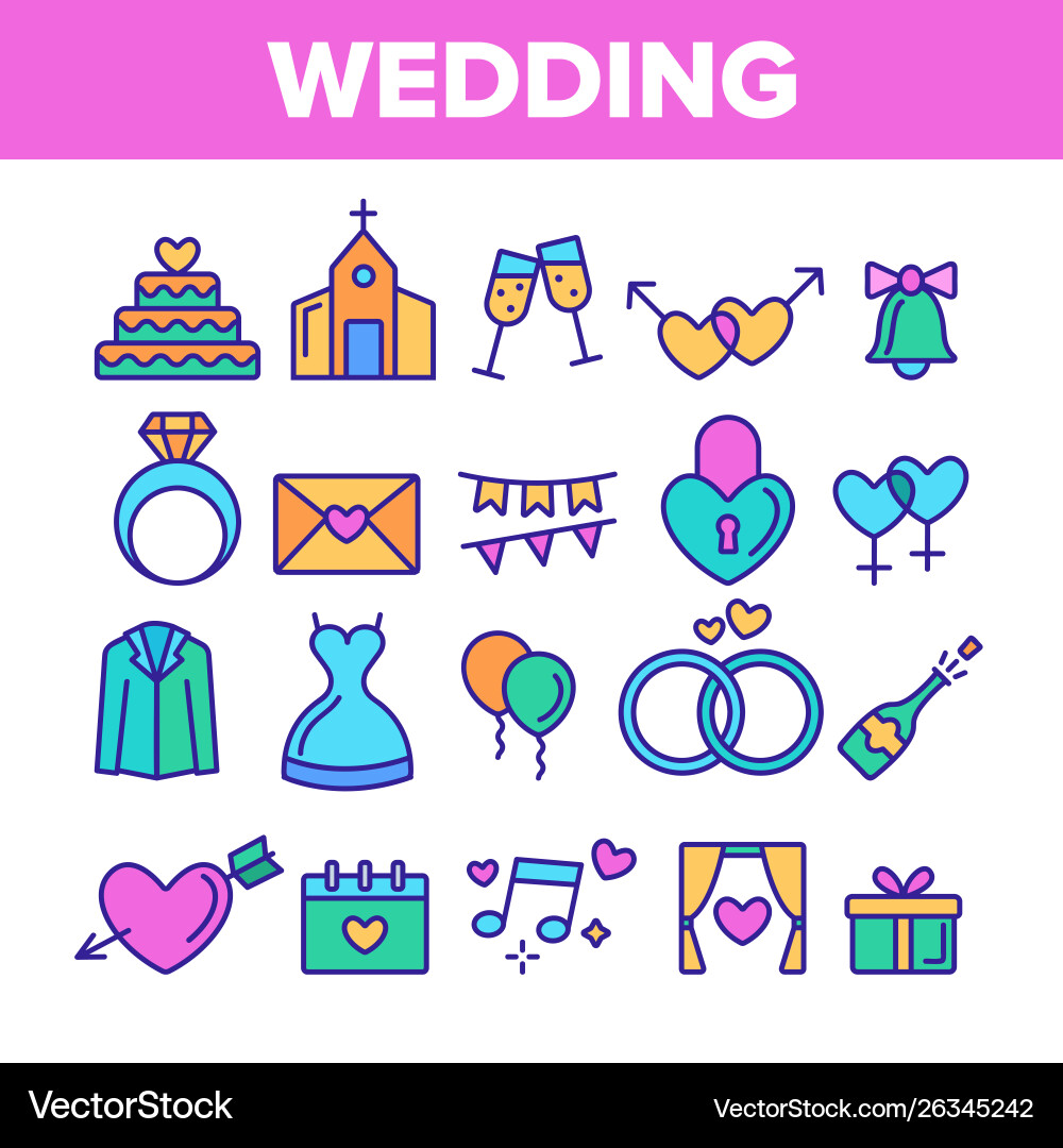 Color wedding and engaging linear icons set Vector Image