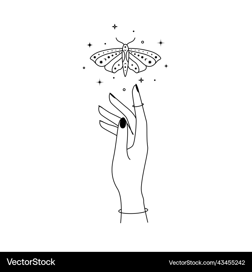 Magic hands with night butterfly outline mystical Vector Image