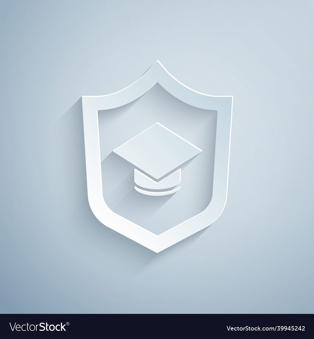 Paper cut graduation cap with shield icon isolated