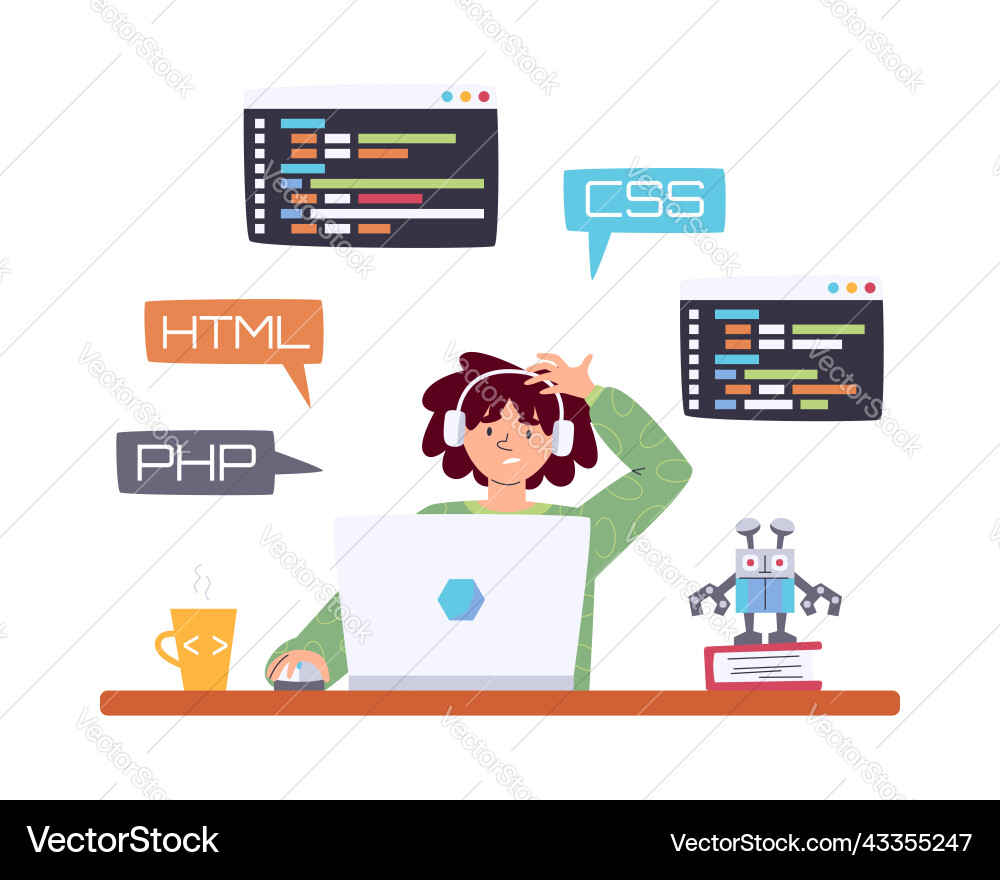 Thoughtful male teenager online learning coding Vector Image