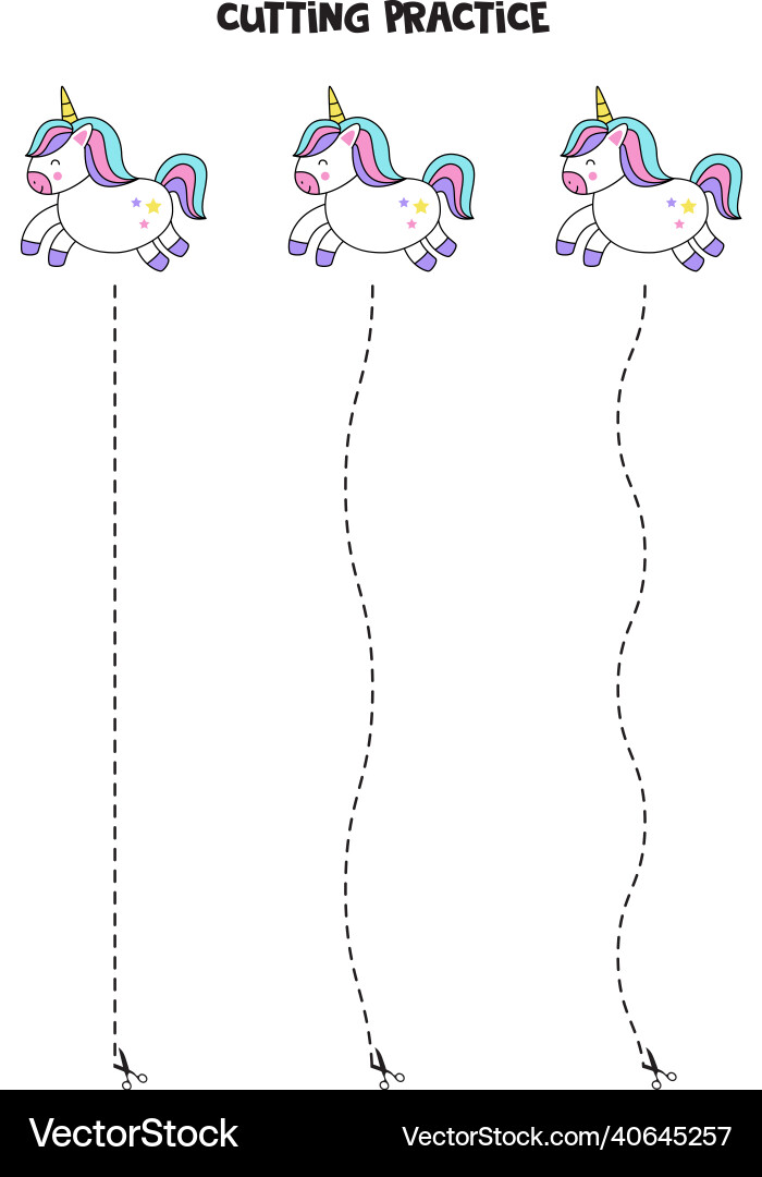 Cutting practice for children with cute unicorns Vector Image