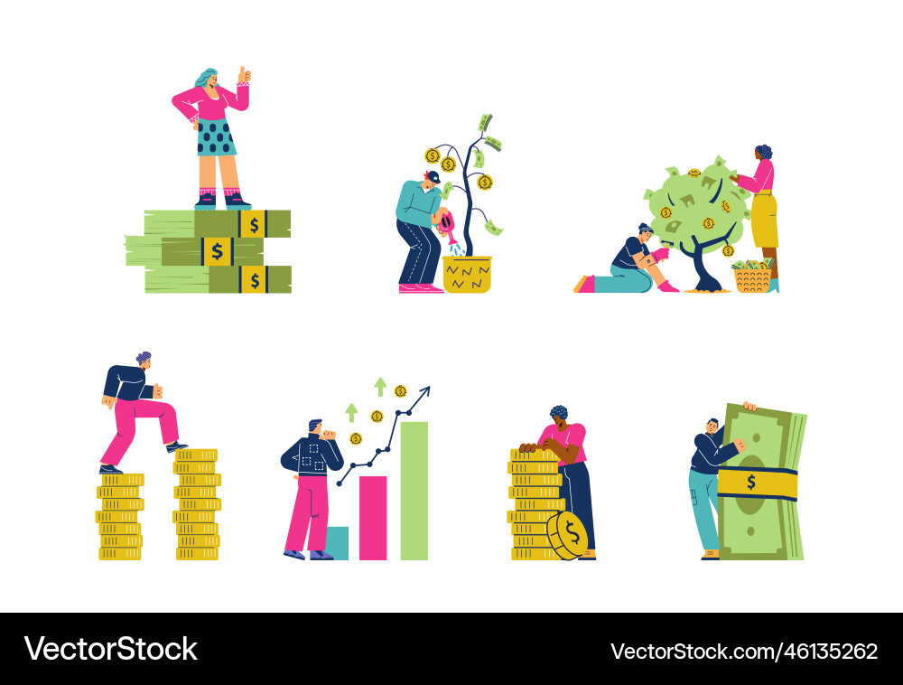 Finance growth and money making characters set Vector Image