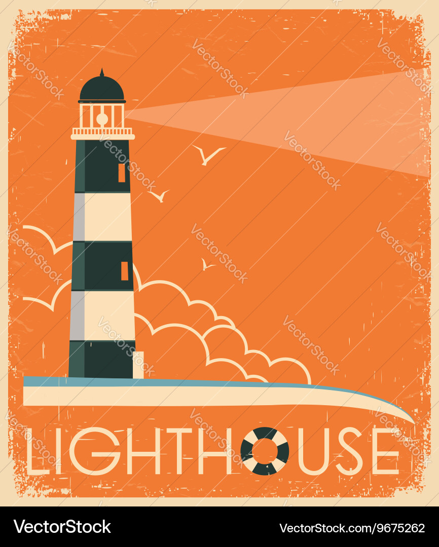 Lighthouse and sky on old poster vintage image Vector Image