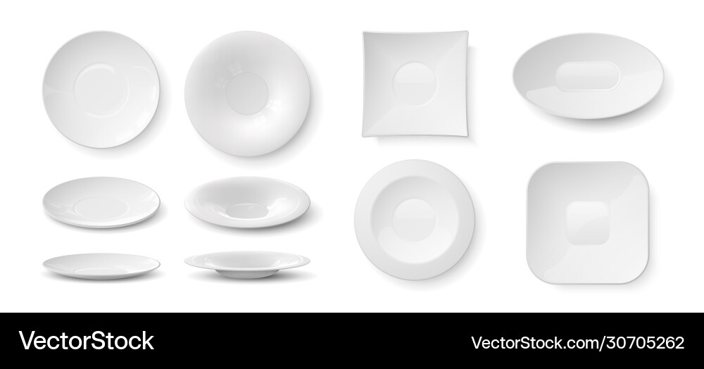Realistic plates white empty 3d dishes and bowls Vector Image