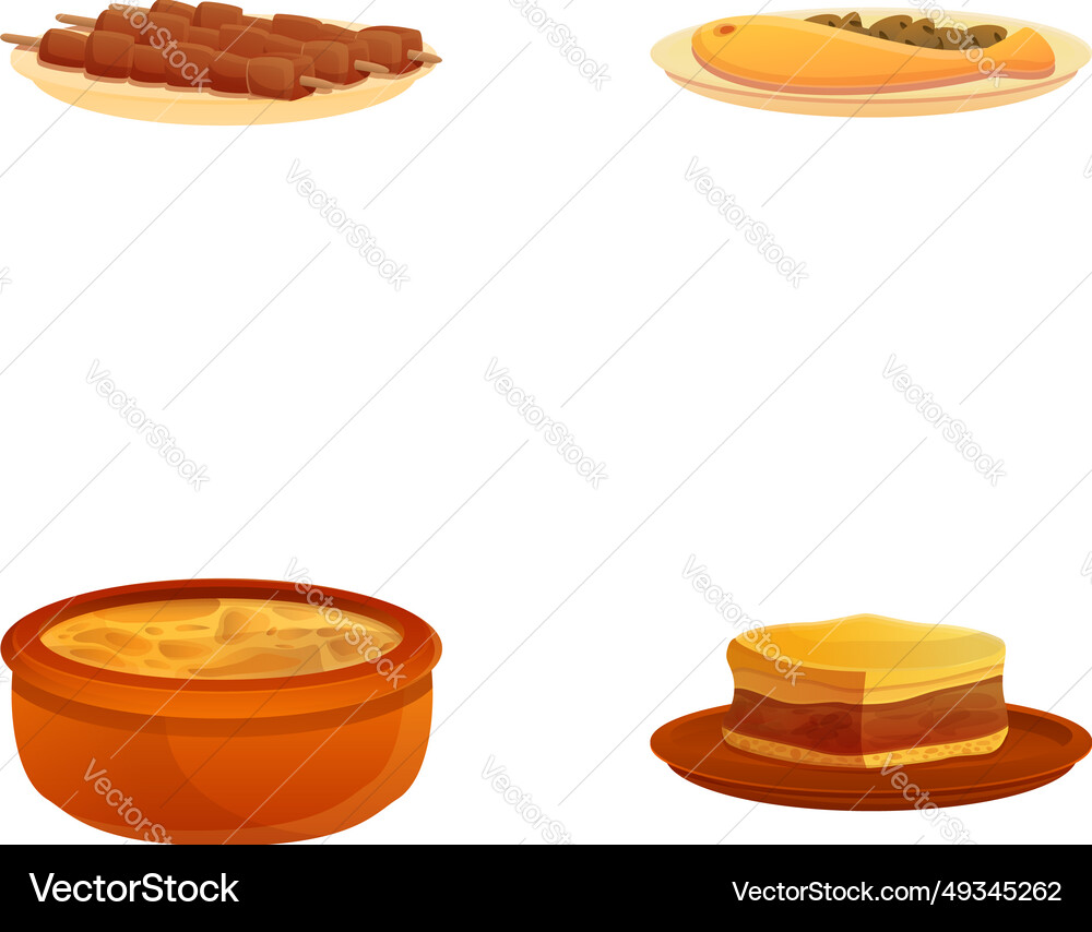 Various dish icons set cartoon freshly Royalty Free Vector