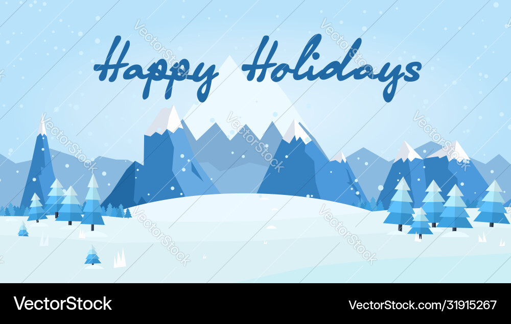 Winter landscape with mountains on blue background