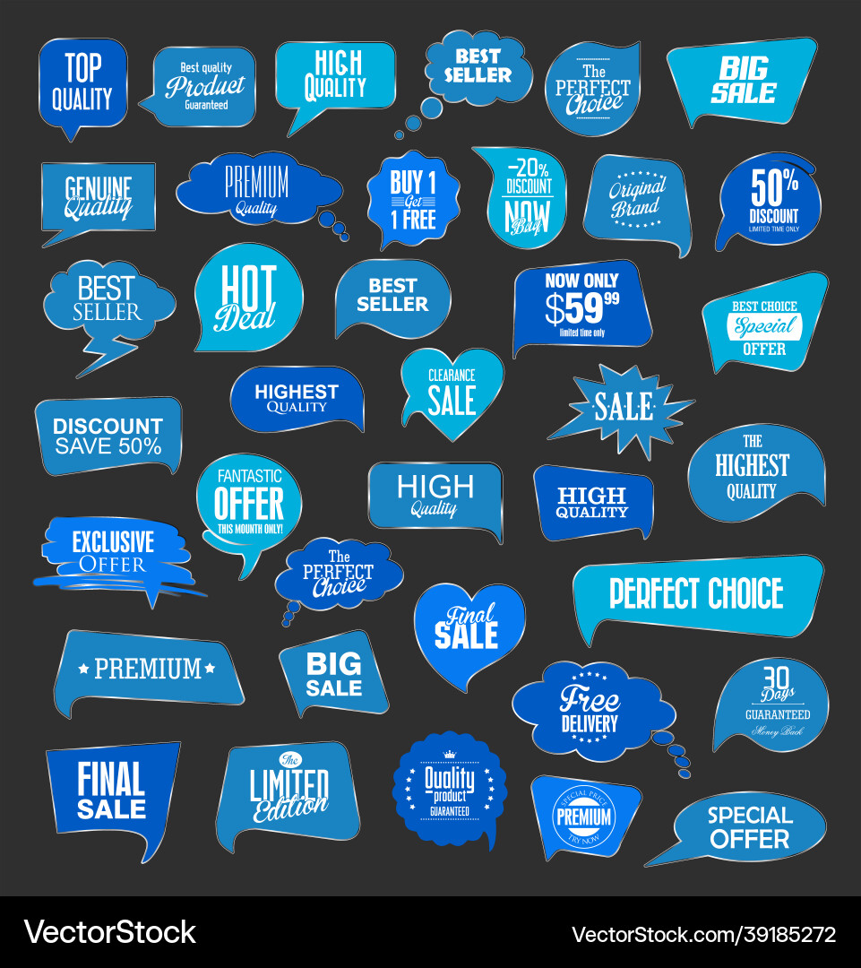 Blue sale stickers on black background Royalty Free Vector