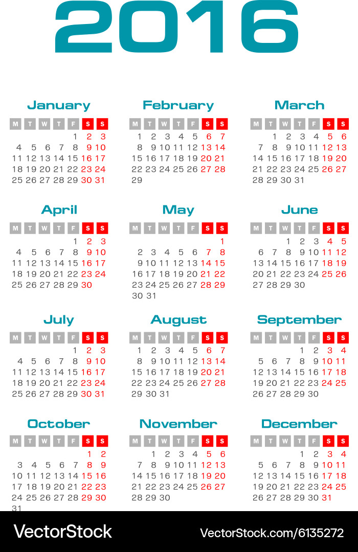 Simple european 2016 year calendar Royalty Free Vector Image