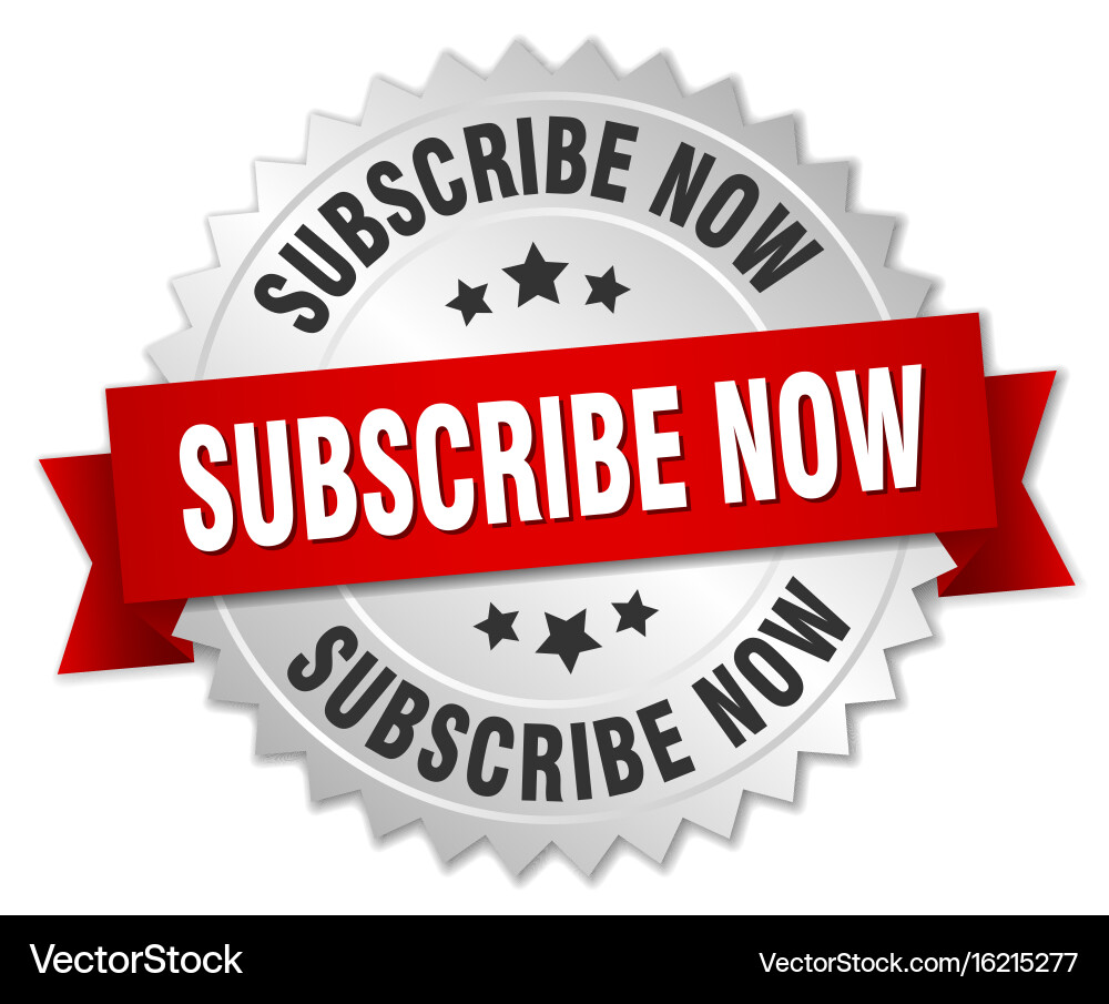 Subscribe now 3d silver badge with red ribbon Vector Image
