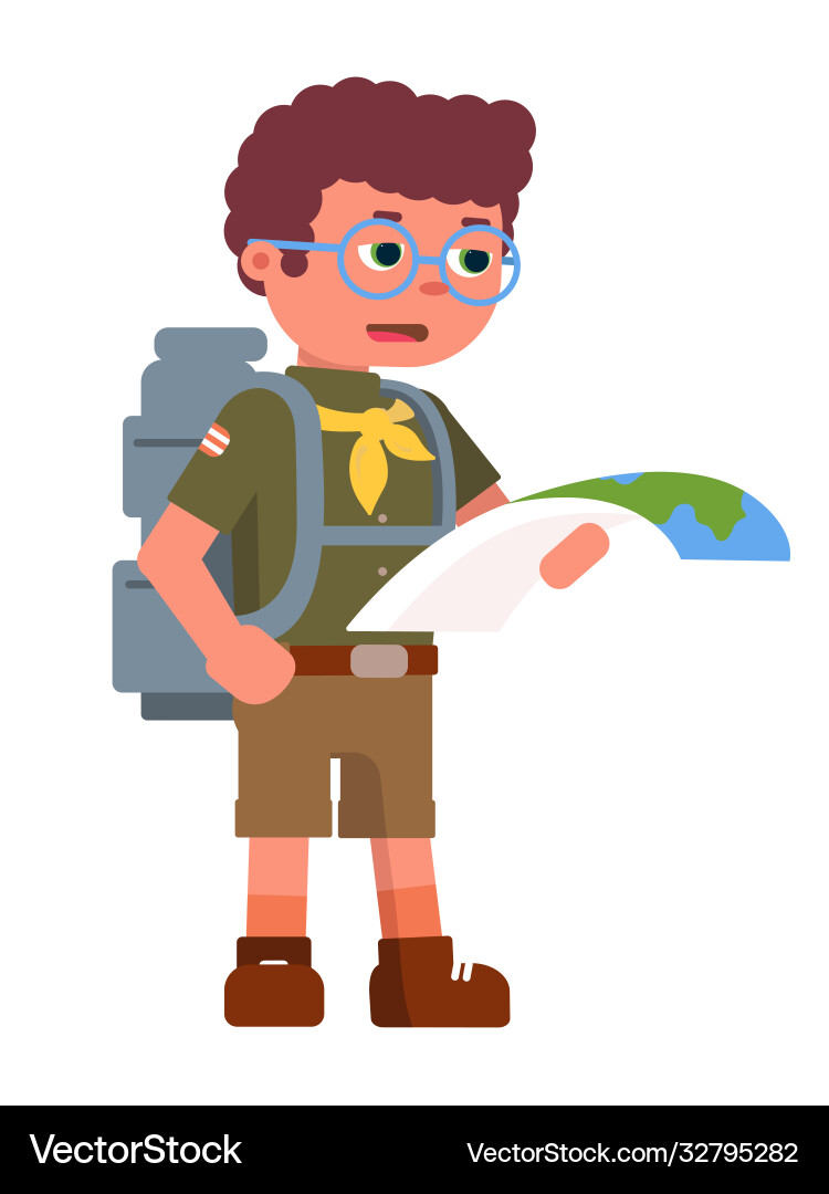 Boy scout holding paper map isolated on white Vector Image