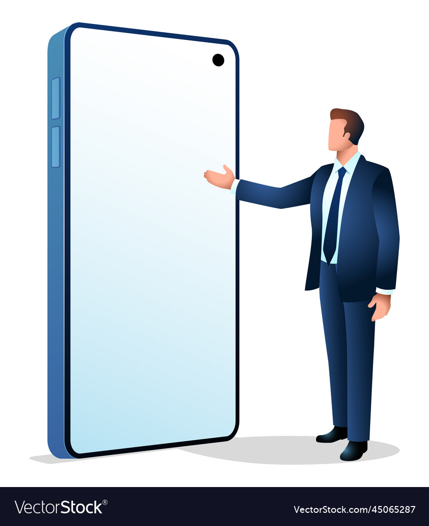 Businessman standing near smart phone presenting Vector Image Businessman standing near smart phone presenting Vector Image