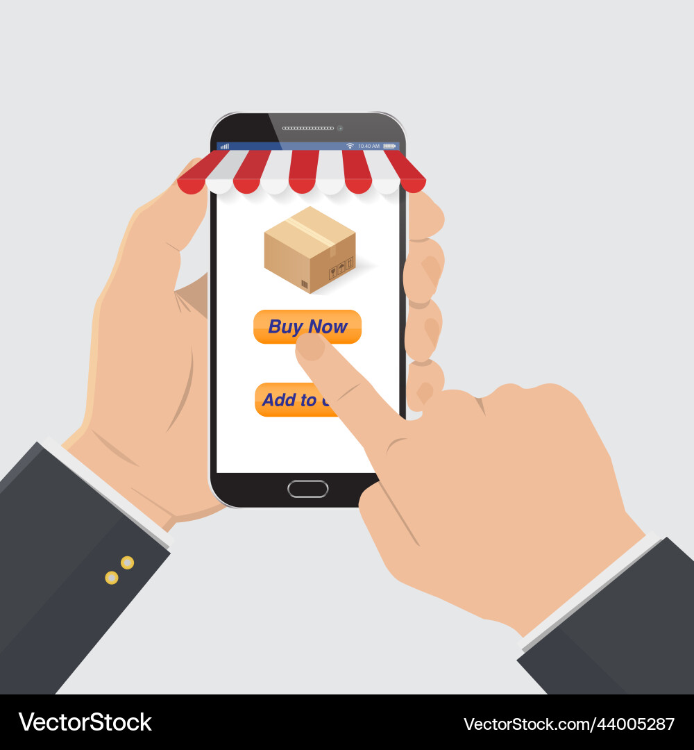 Hand hold smartphone in to order online Royalty Free Vector