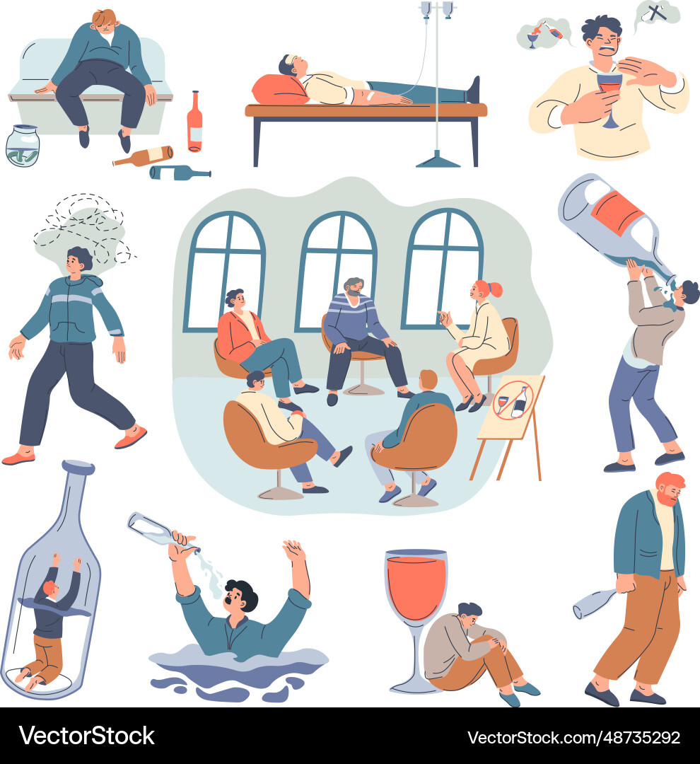 Alcohol addiction alcoholics with drinks and cups Vector Image