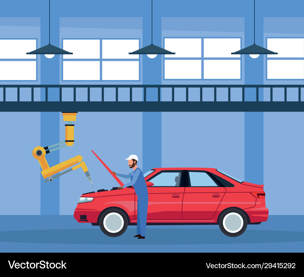 Car workshop scenery with mechanic and arm Vector Image