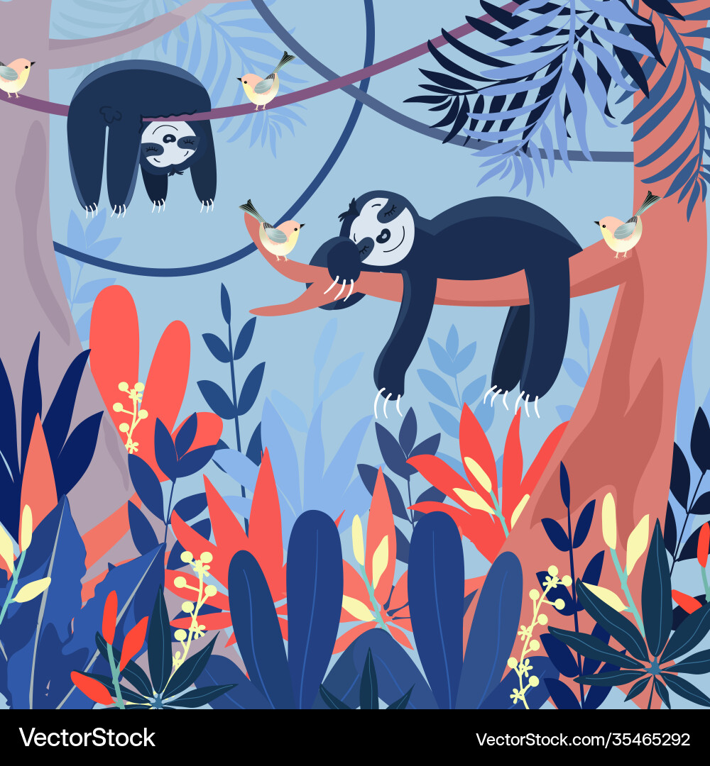 Cute blue sloth sleeping in big forest cartoon Vector Image