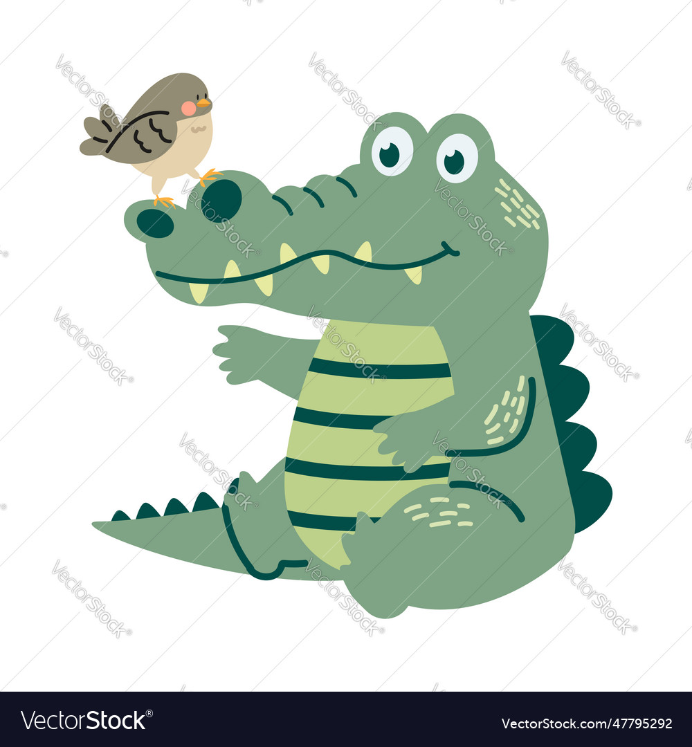 Cute crocodile or alligator and birds Royalty Free Vector
