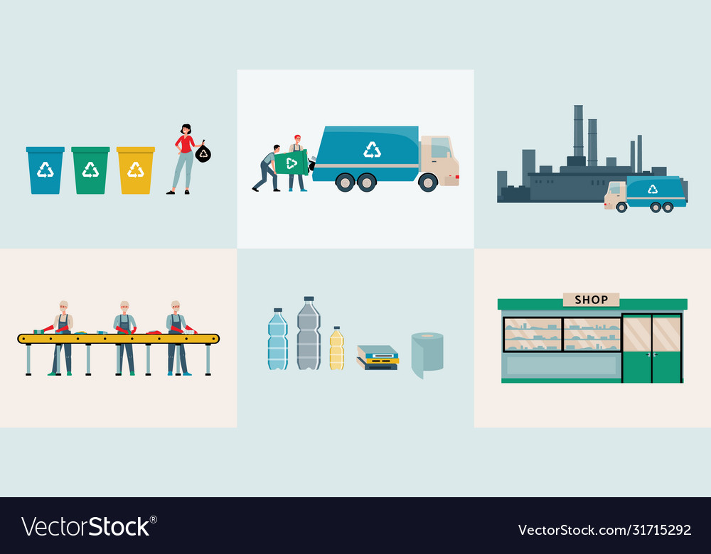 Waste recycling process or garbage processing set Vector Image