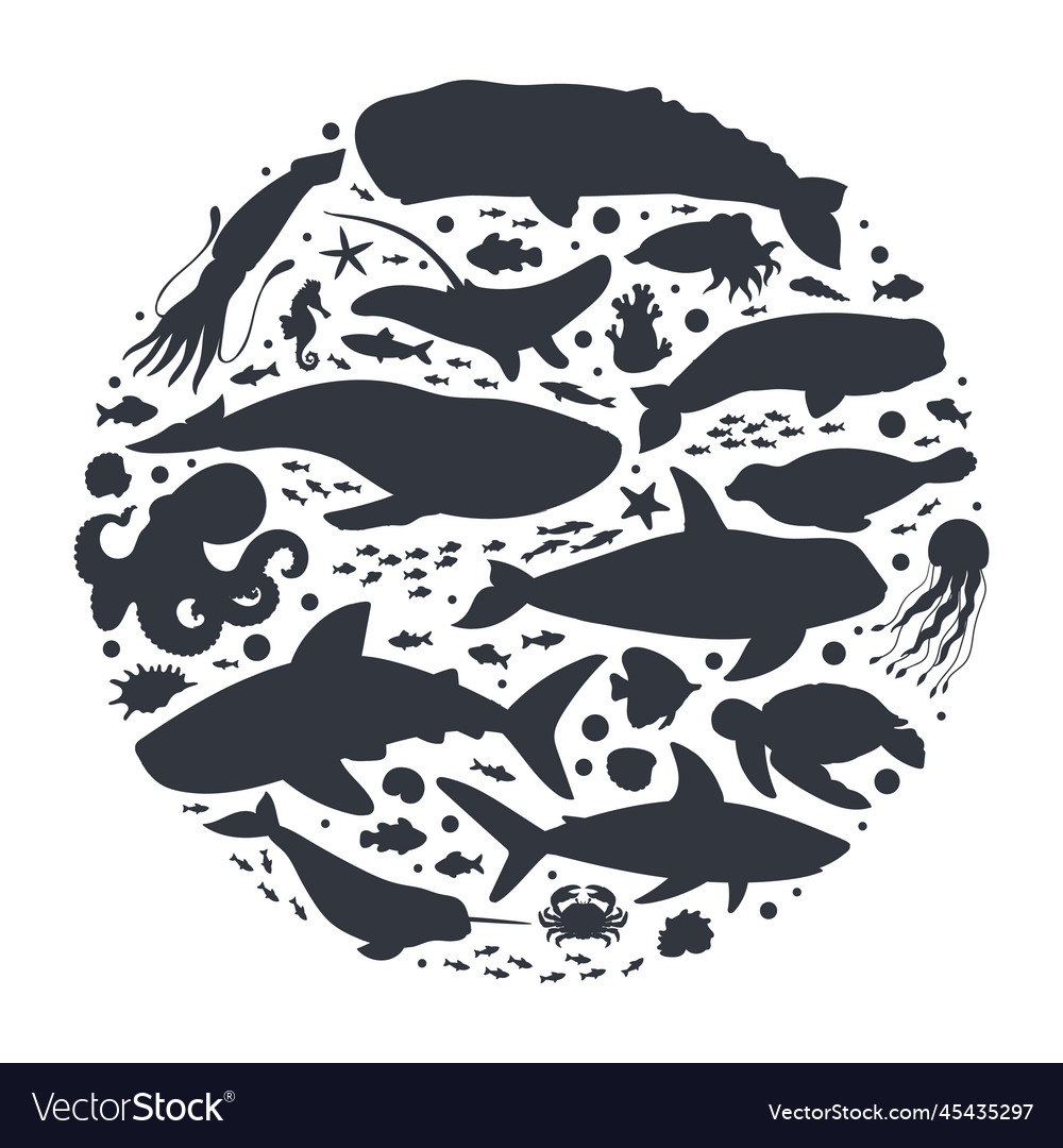 Sea animals silhouettes cartoon ocean life fauna Vector Image Sea animals silhouettes cartoon ocean life fauna Vector Image