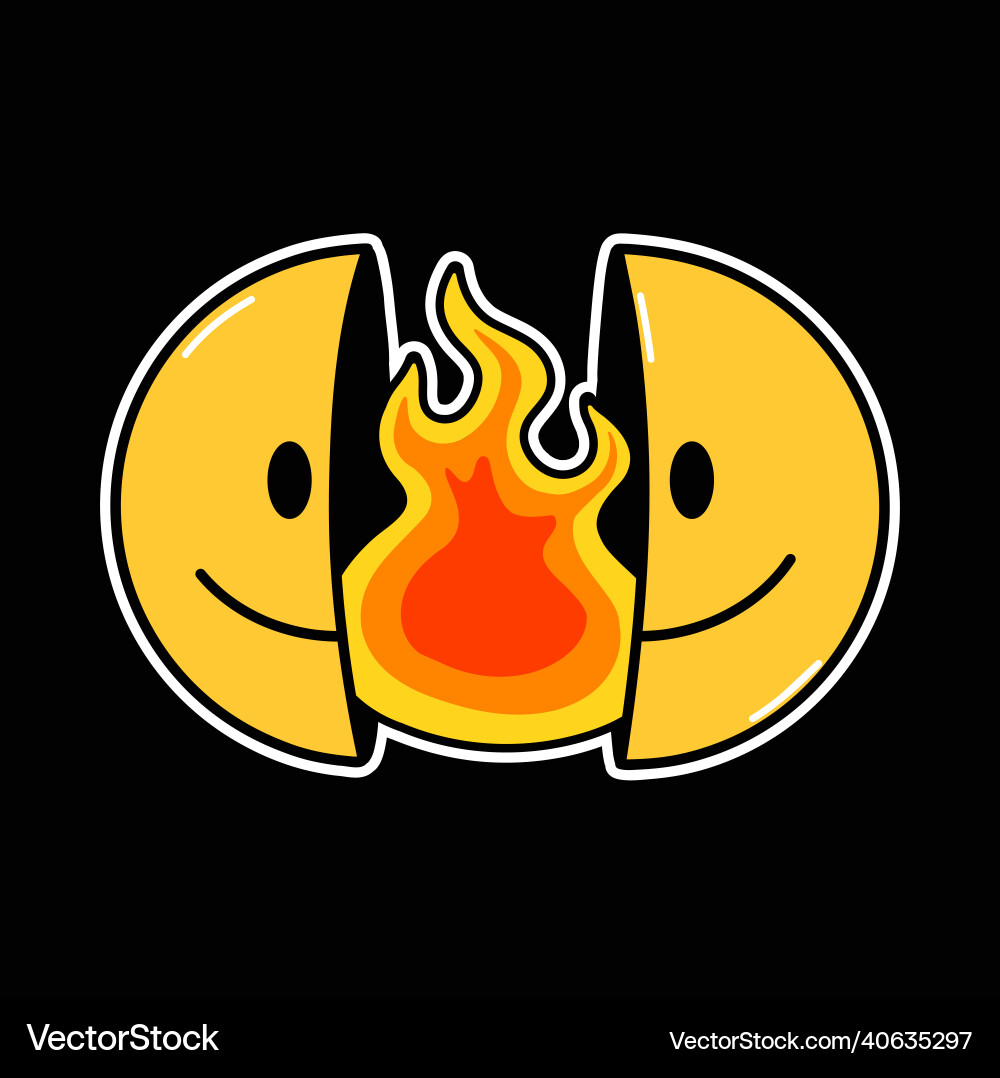 Two half of smile face with burn flame fire inside