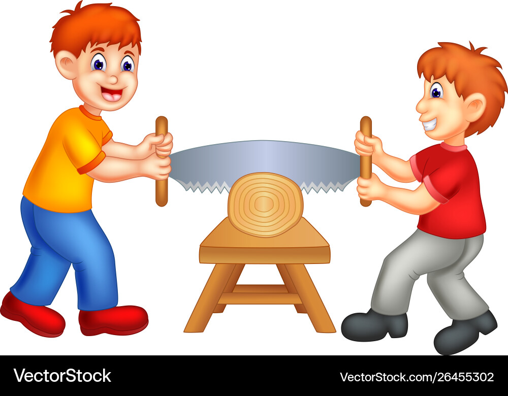 Funny two boys with saw cartoon Royalty Free Vector Image