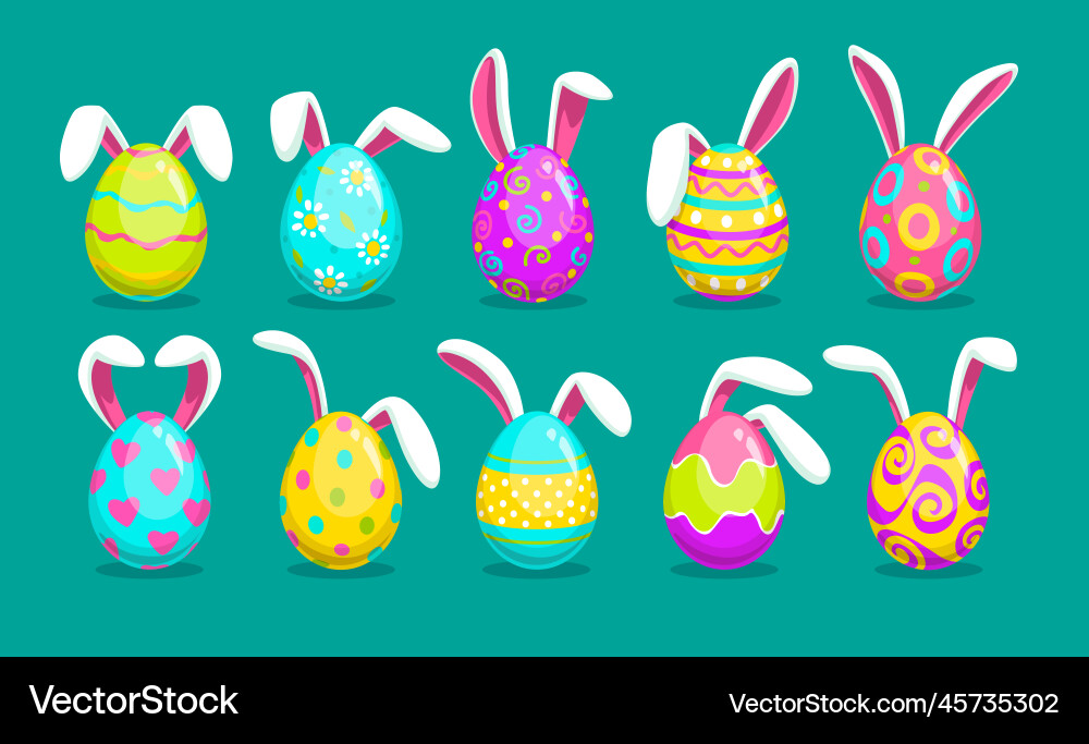 Set of easter eggs with cute white bunny ears Vector Image
