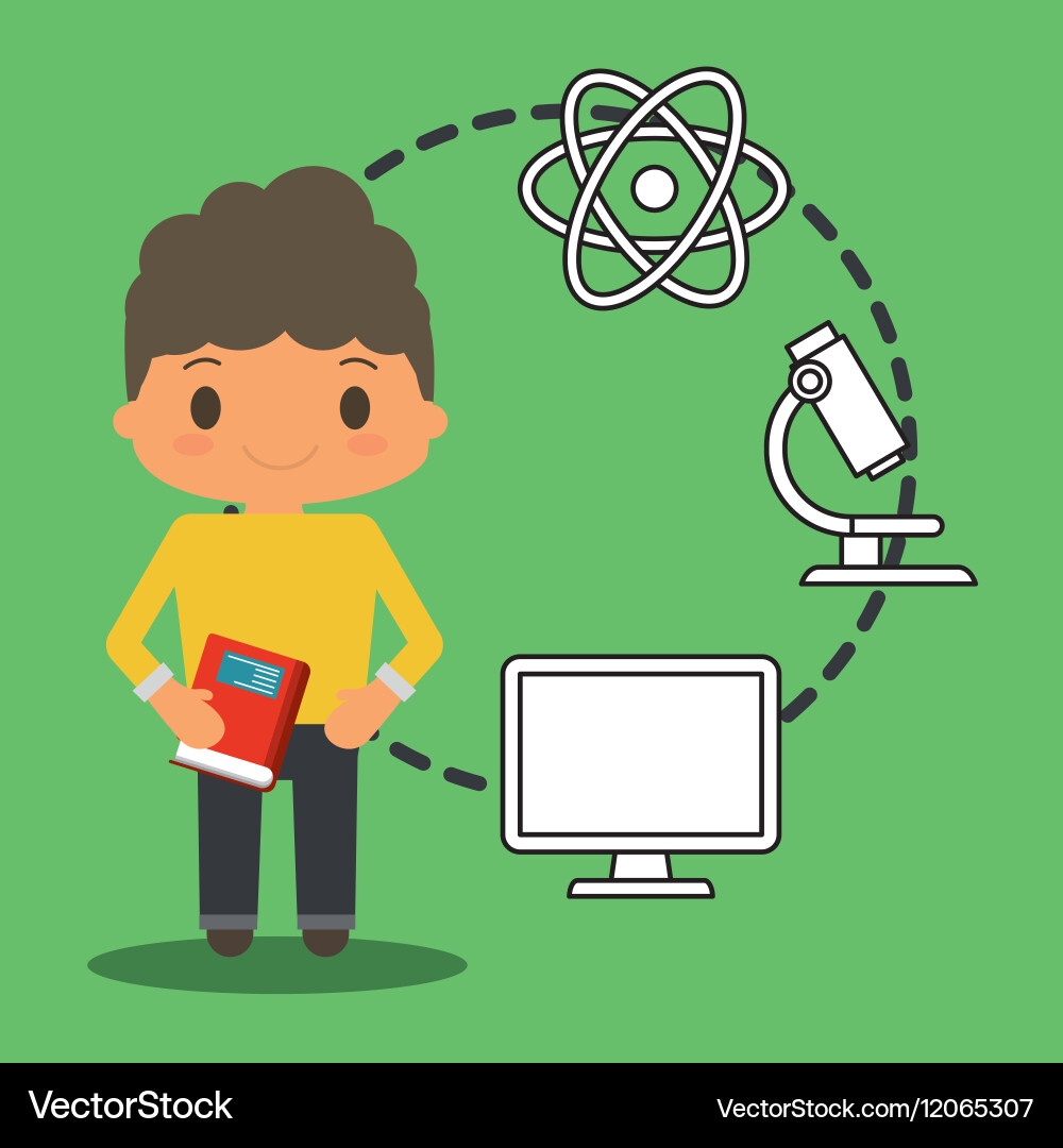 Cartoon school boy book pc atom laboratory green Vector Image