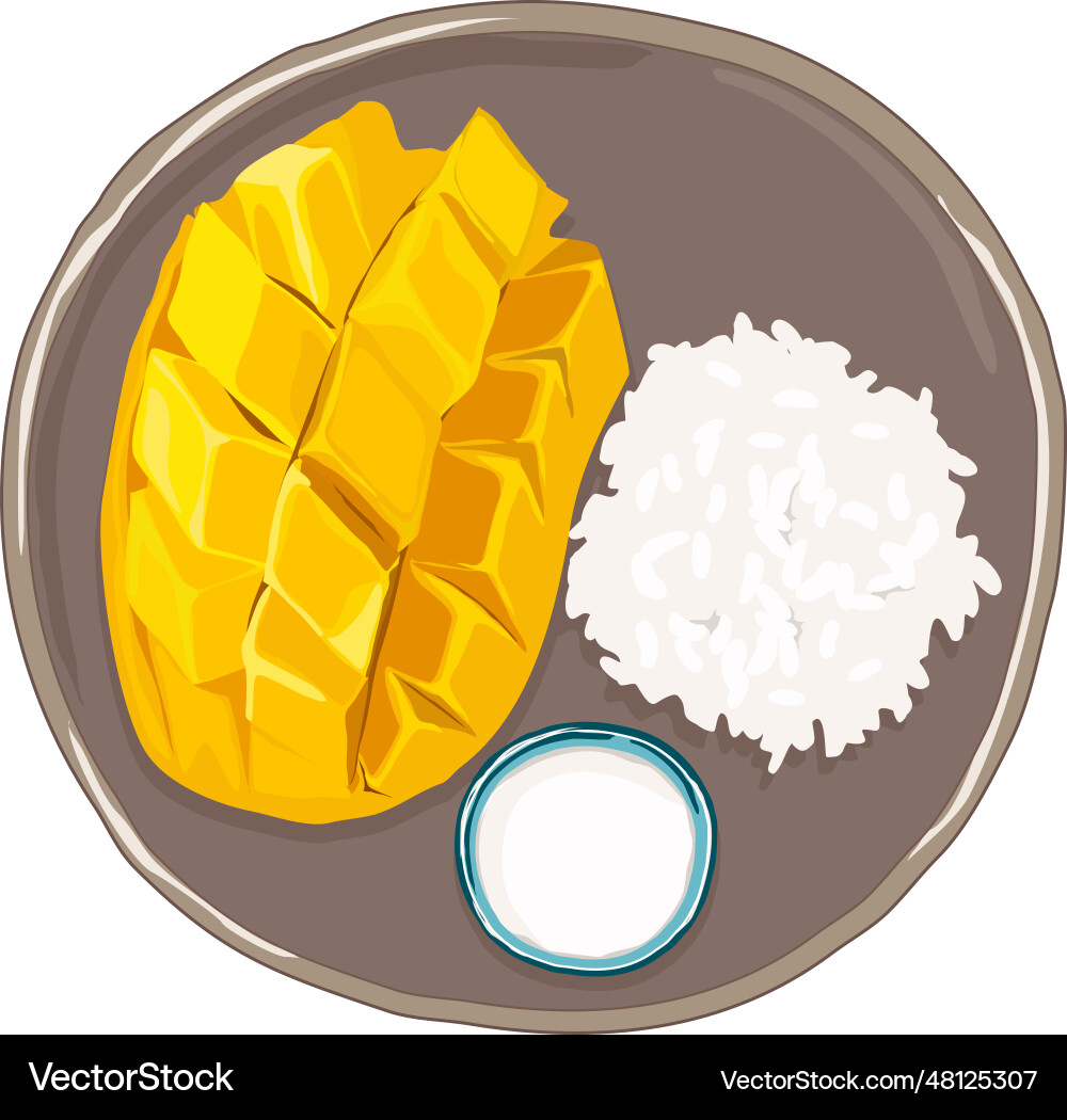 Mango with sticky rice served with coconut milk Vector Image