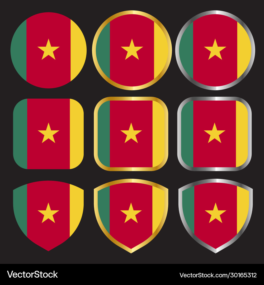 Cameroon flag icon set with gold and silver border