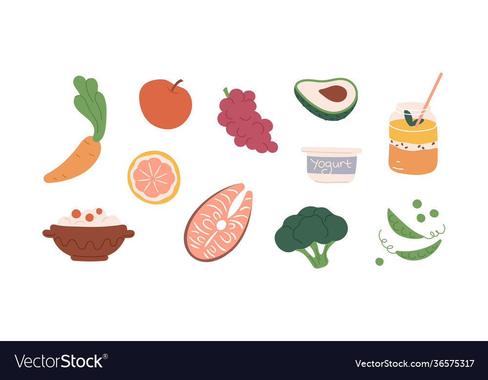 Set healthy organic food with fruits Royalty Free Vector