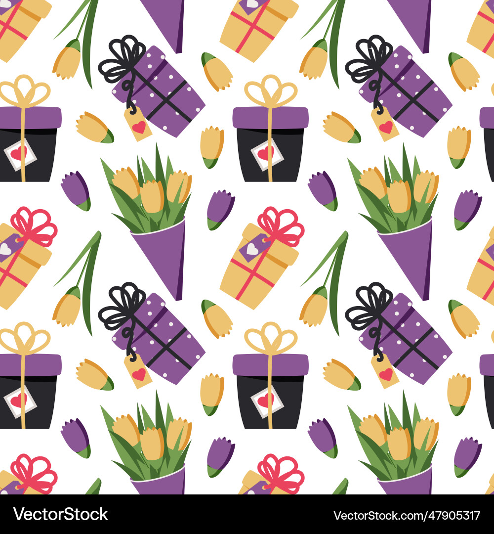 Yellow and purple tulips assorted gift boxes Vector Image