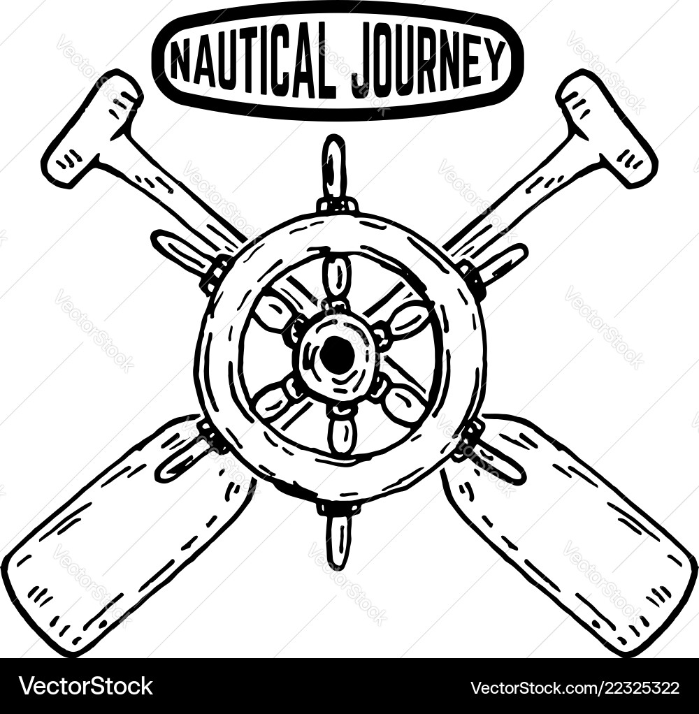 Nautical journey emblem with ships steering wheel Vector Image