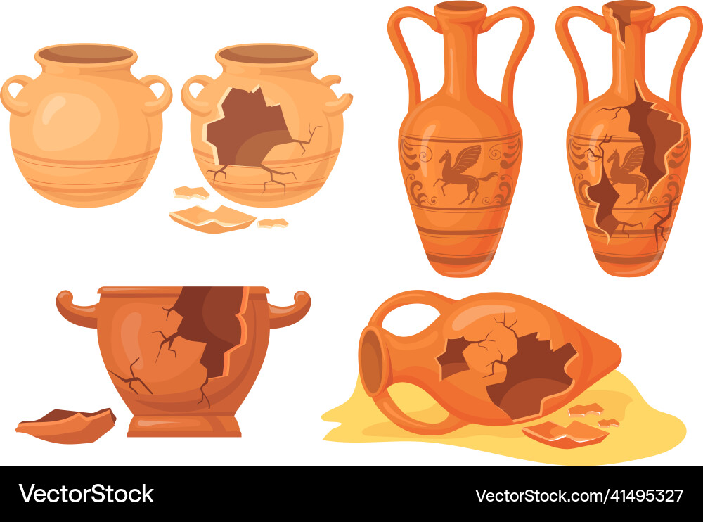Cartoon broken pottery old cracked ceramic vases Vector Image