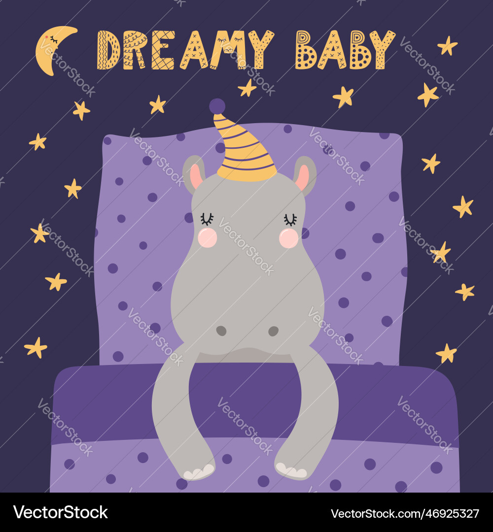 Cute funny sleeping hippo with pillow blanket Vector Image
