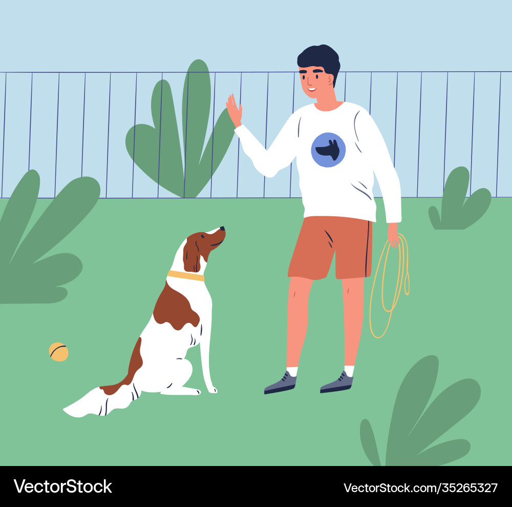 Male owner training his dog to command sit Vector Image