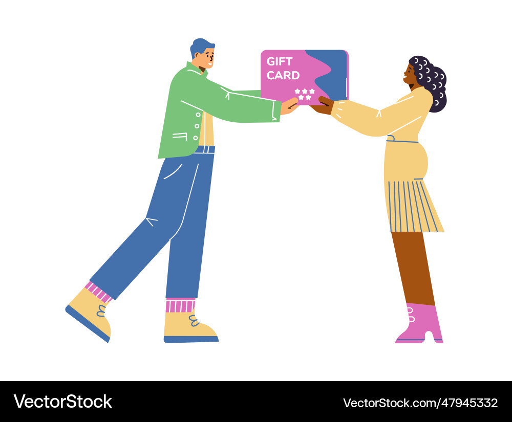Happy people with huge gift card flat style Vector Image
