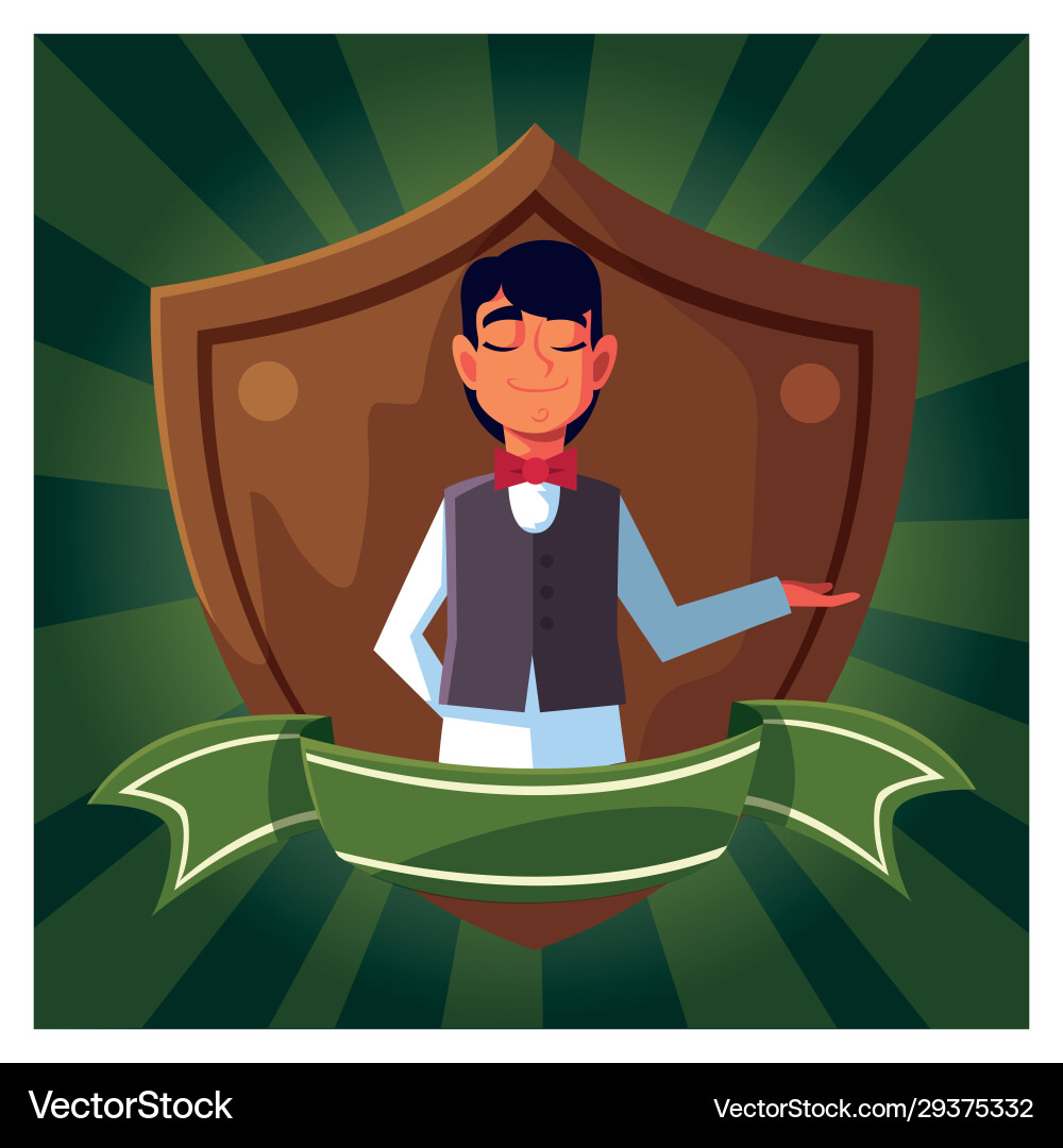 Man waiter with uniform in shield ribbon Vector Image