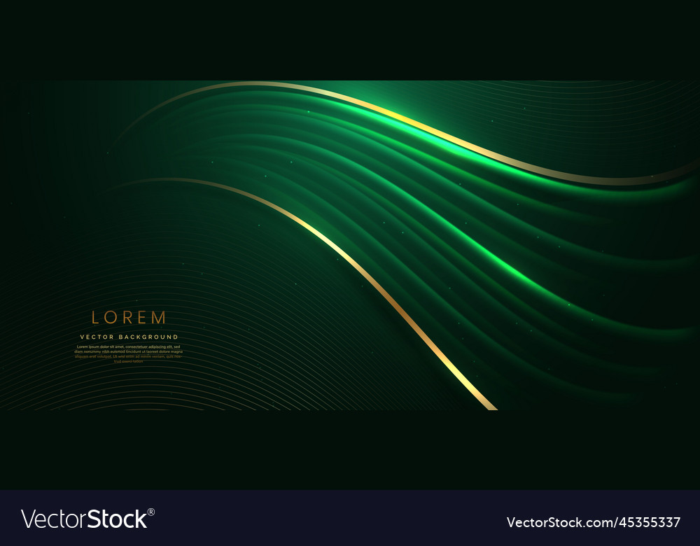 Abstract 3d Gold Curved Green Ribbon On Dark Vector Image