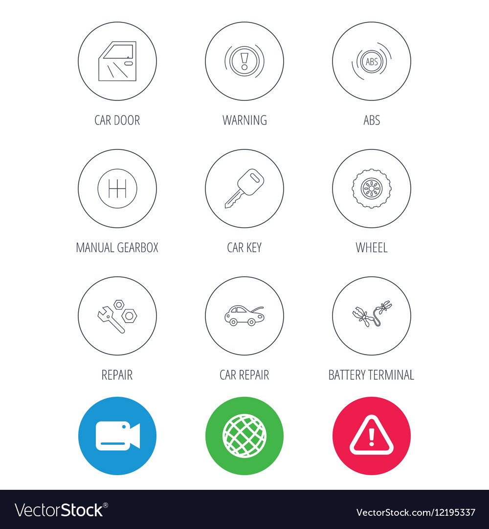 Car key repair tools and manual gearbox icons Vector Image