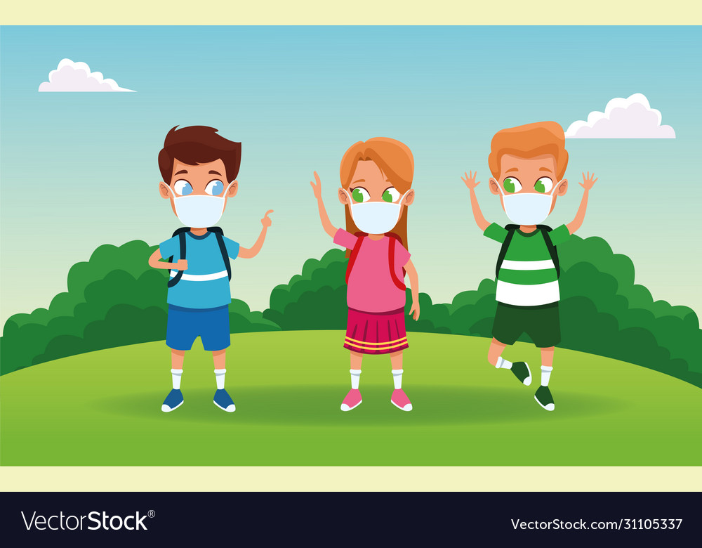 Little kids using face masks for covid19 in the Vector Image