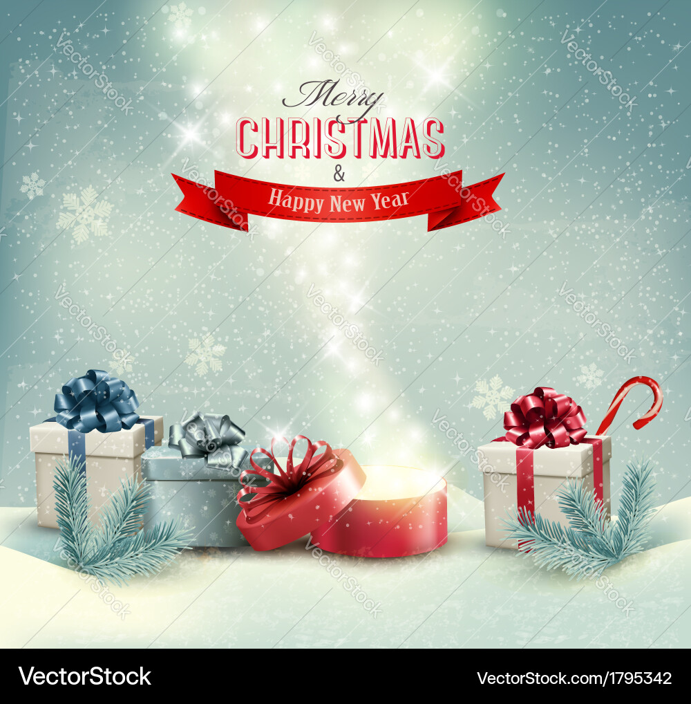 Christmas winter background with presents and open