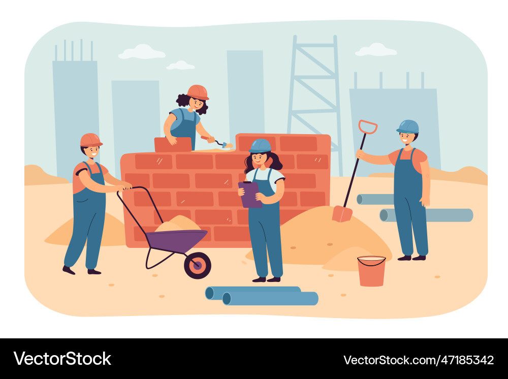 Team of happy children working as constructors Vector Image