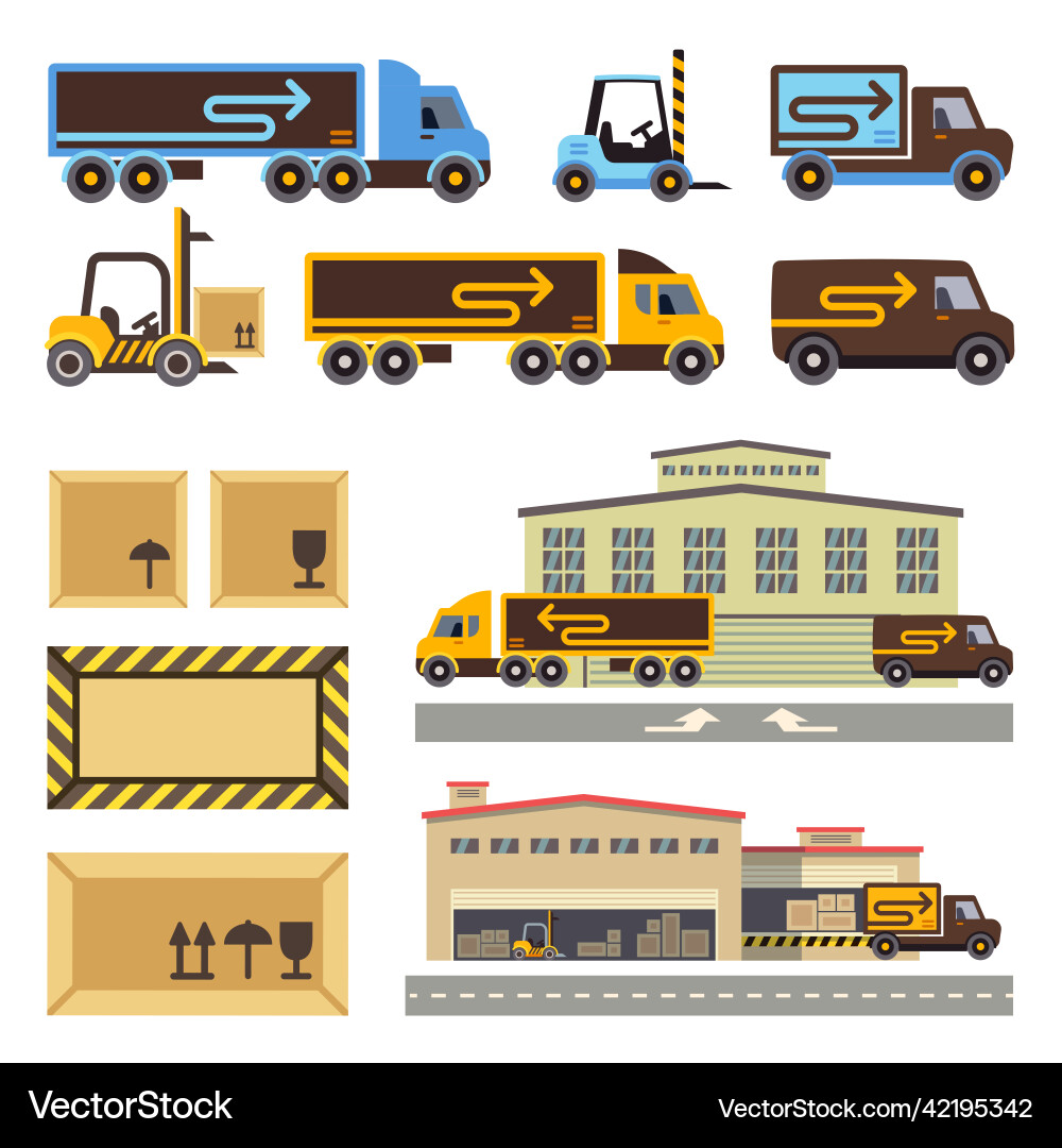 Warehouse building and transportation vehicles Vector Image
