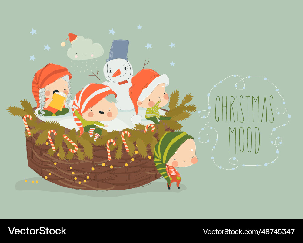 Cute playful christmas elves sitting Royalty Free Vector