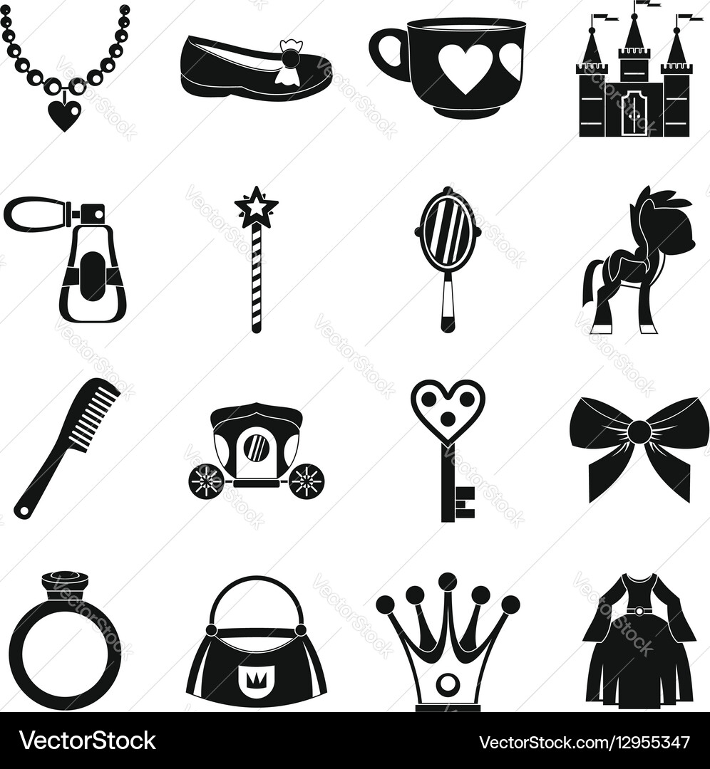 Doll princess items icons set simple style Vector Image