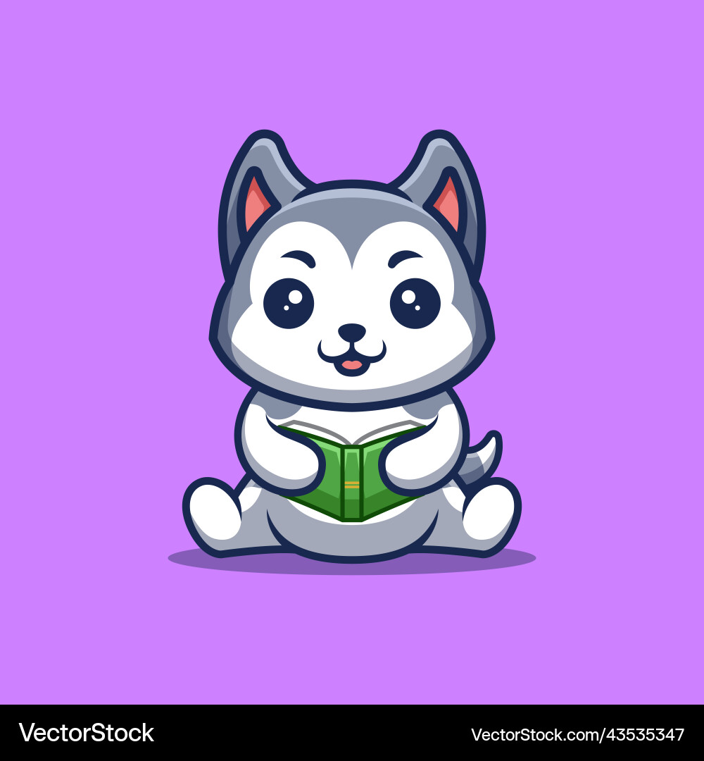 Husky sitting reading book cute creative kawaii Vector Image