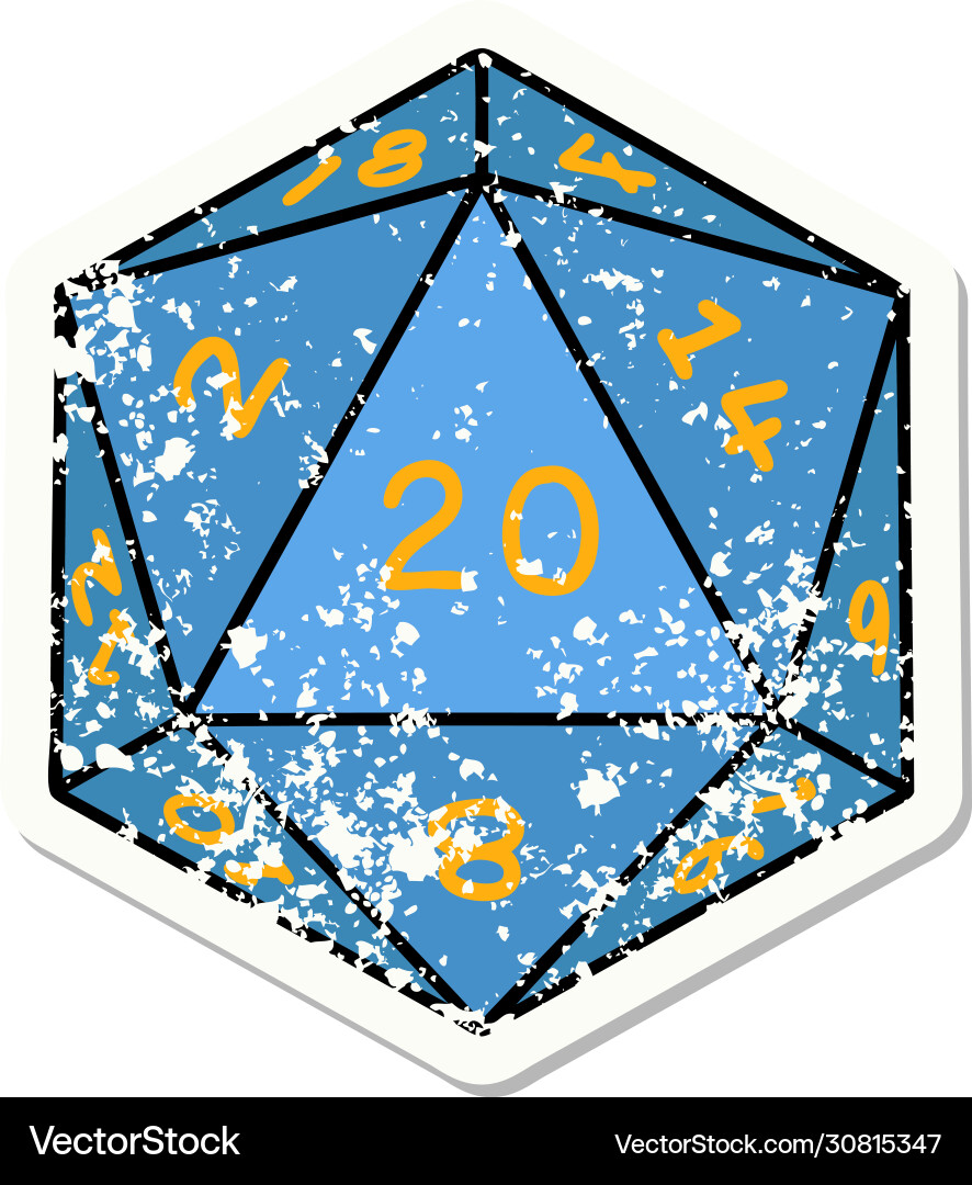 Natural 20 d20 dice roll grunge sticker Royalty Free Vector