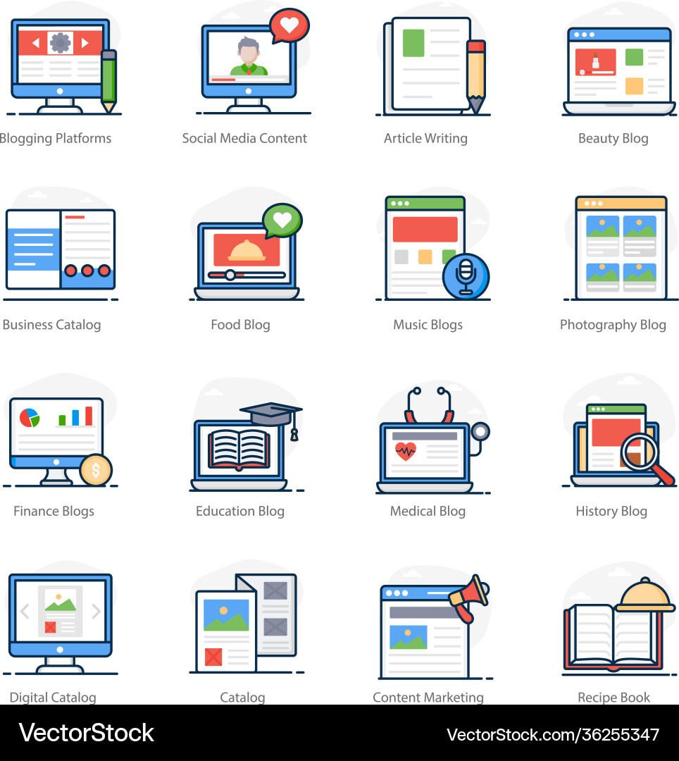 Pack blogging flat icons Royalty Free Vector Image