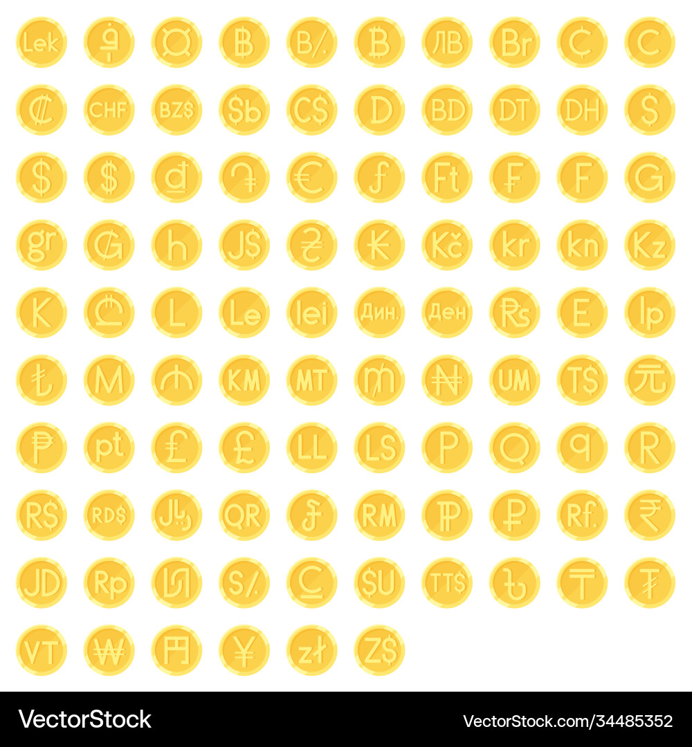 Coin with currency symbol icon set Royalty Free Vector Image